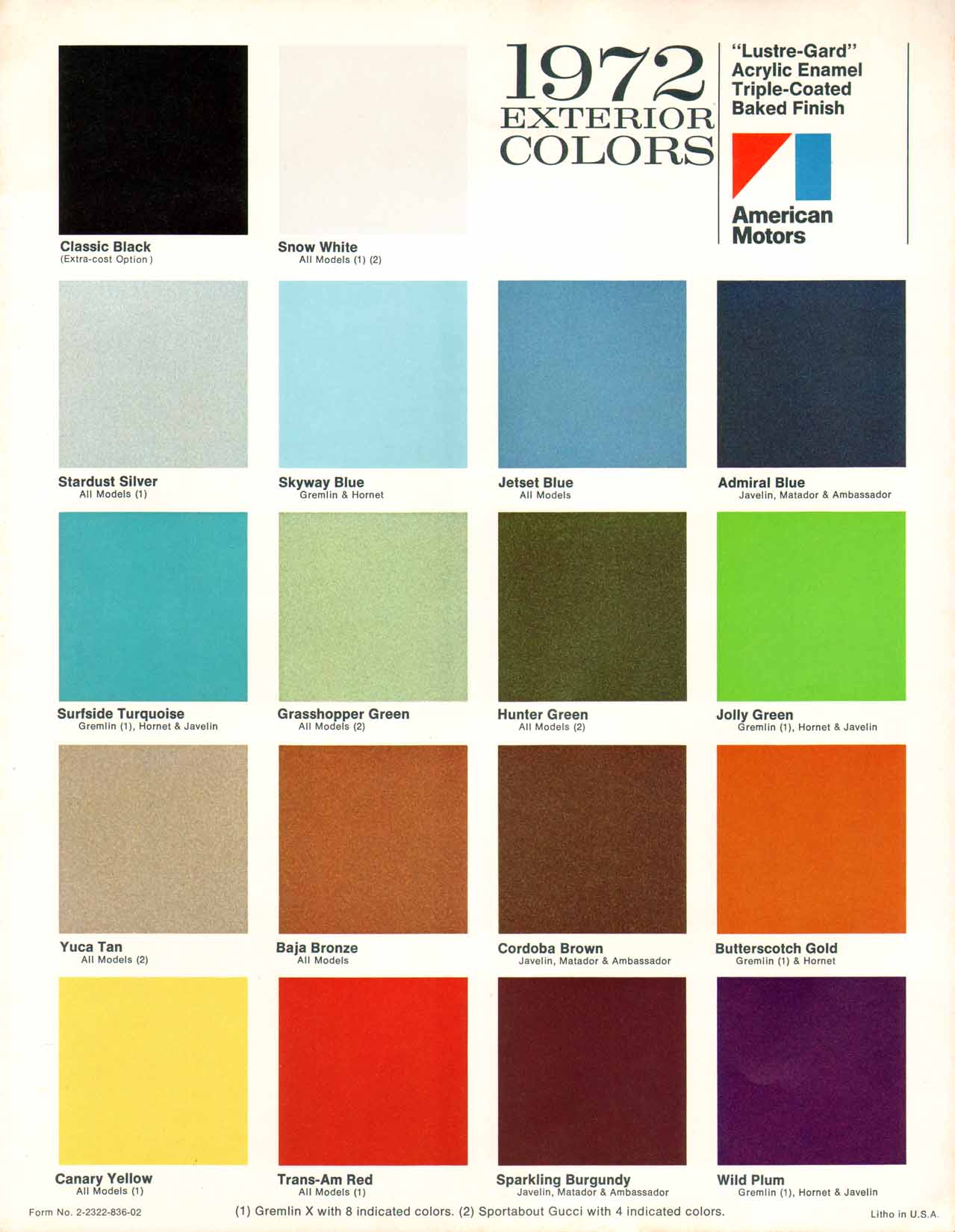 1972 AMC Exterior Colors Chart page 1 of 2