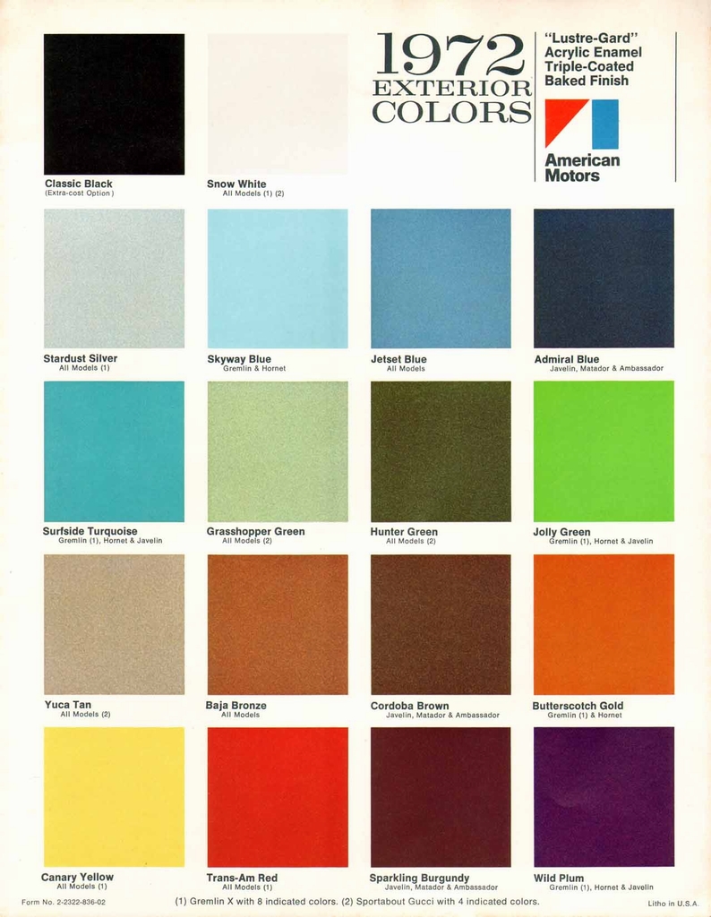 1972 AMC Exterior Colors Chart page 1 of 2