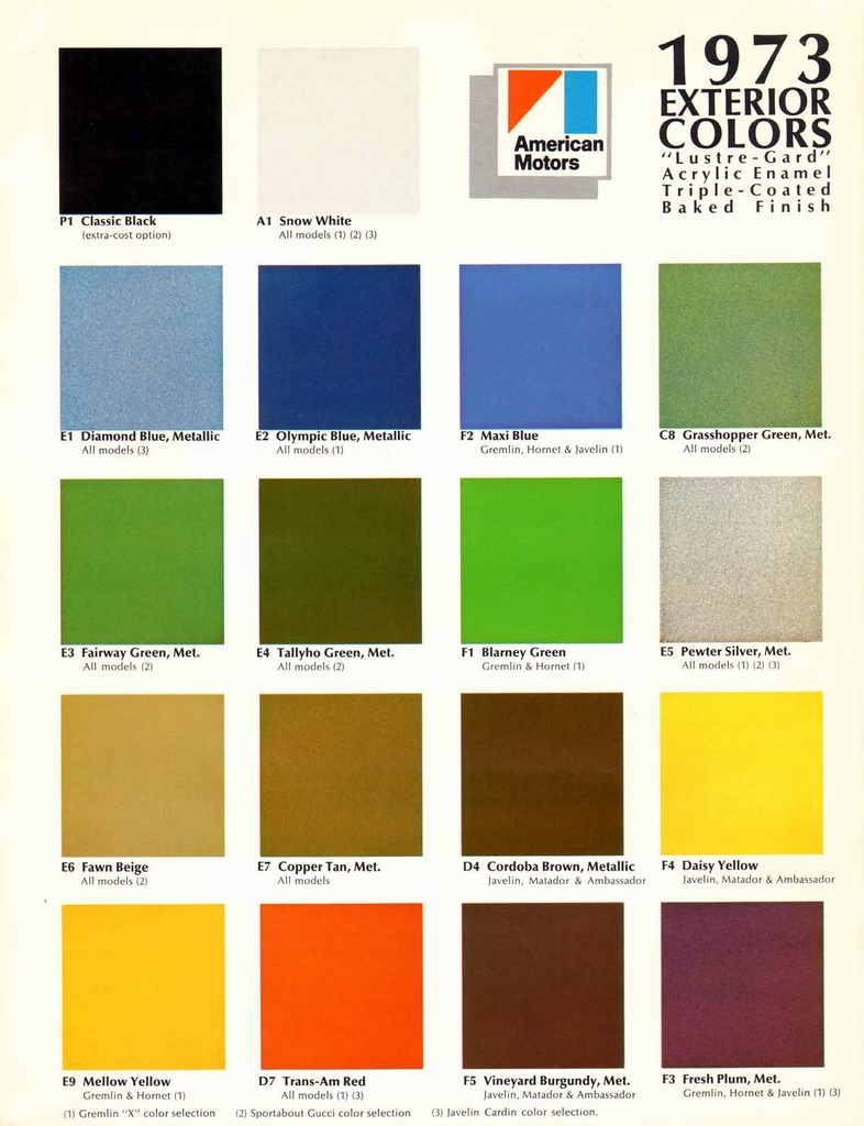 1973 AMC Exterior Colors Chart page 1 of 2