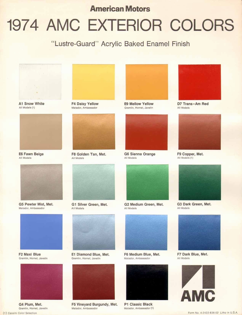 1974 AMC Exterior Color Chart page 1 of 2