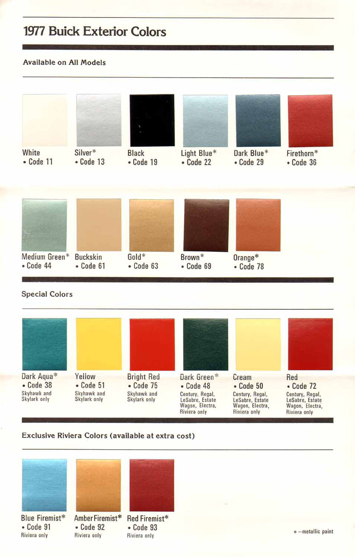 1977 Buick Exterior Colors Chart