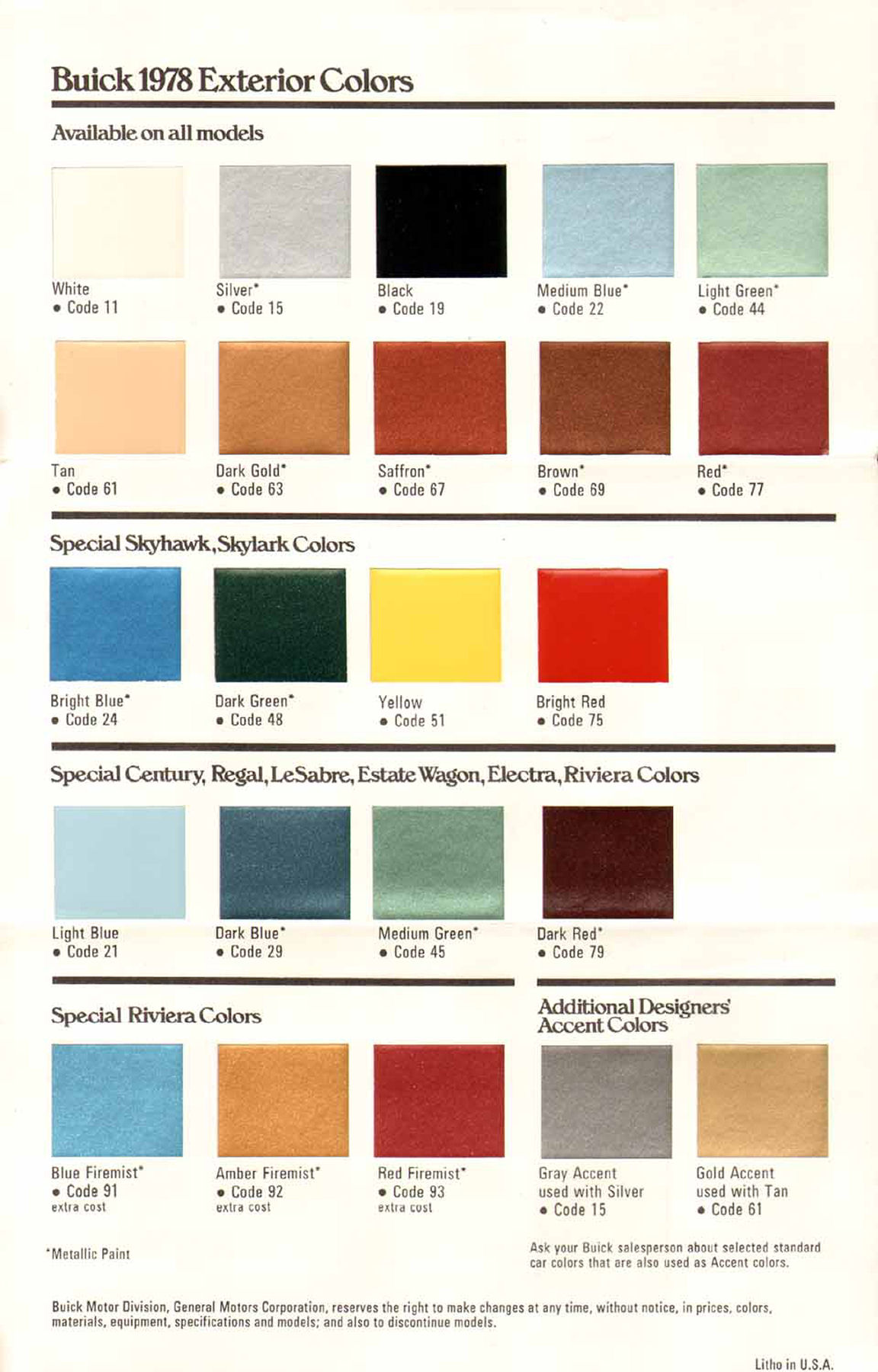 1978 Buick Exterior Colors Chart