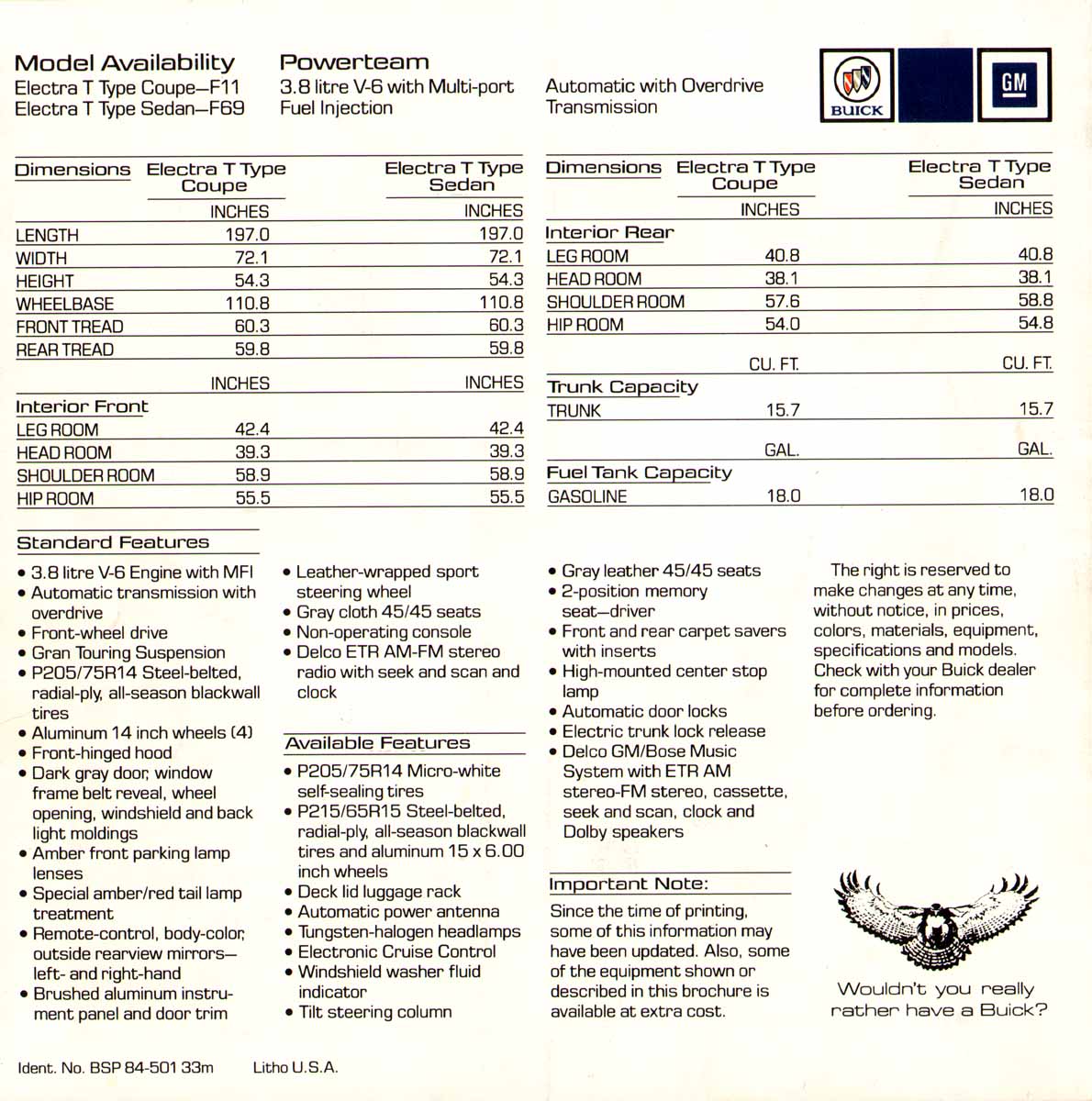 1985 Buick Electra T-Type Brochure