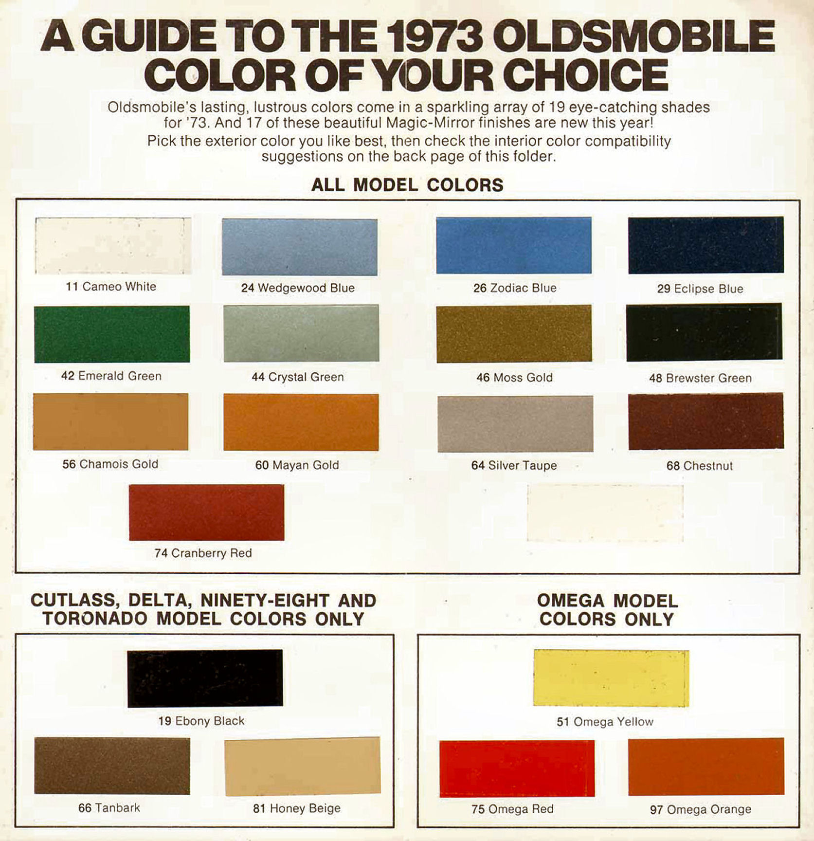 1973 Oldsmobile Exterior Colors Chart