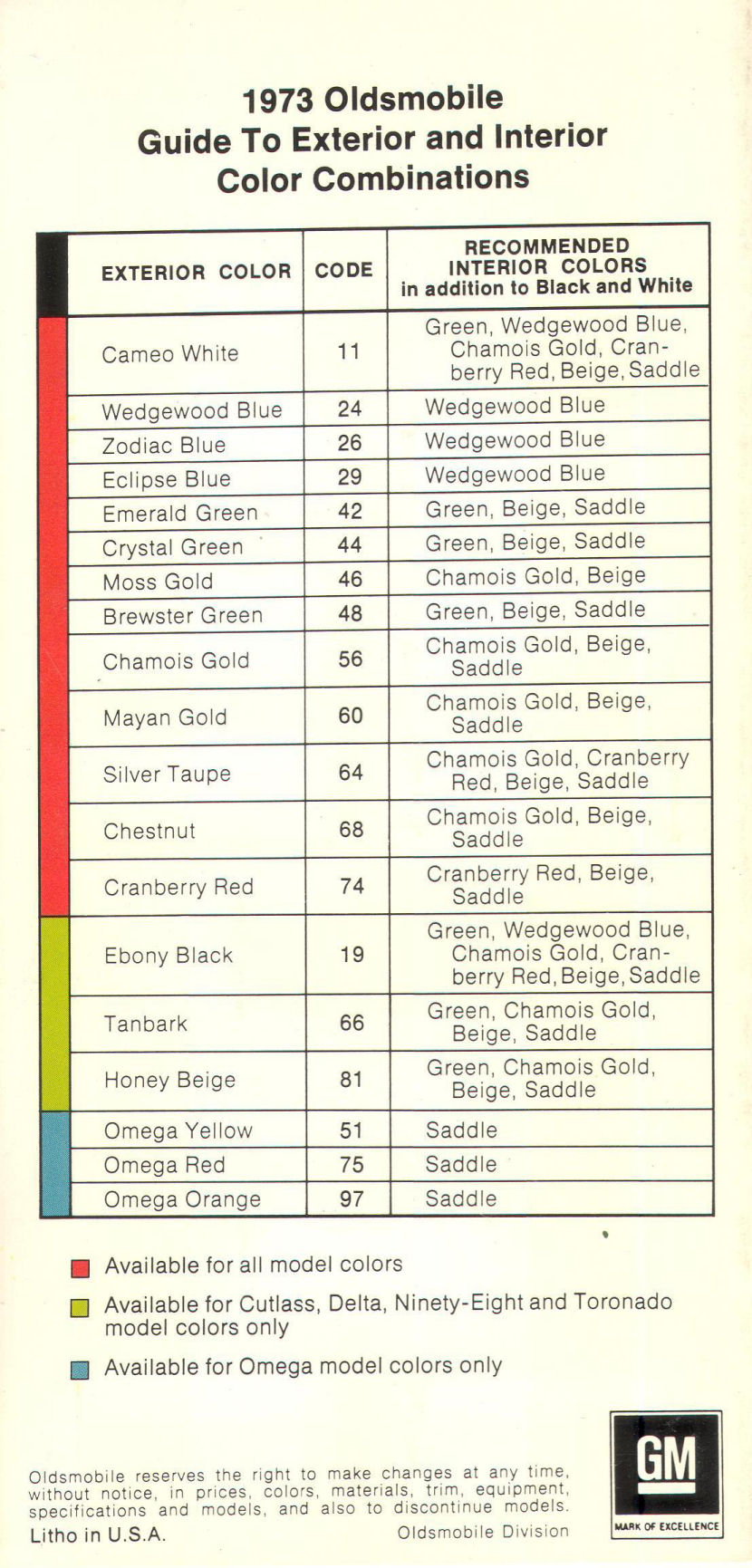 1973 Oldsmobile Exterior Colors Chart