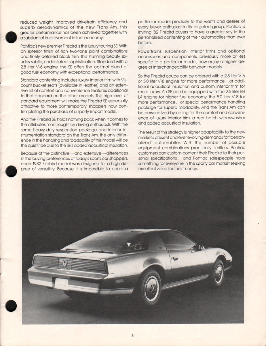 1982 Pontiac Firebird Data Book